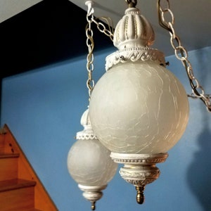 Vintage 70's Double Swag Hanging Light Fixture, Crackle Glass Globe ...