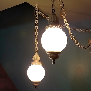 Vintage 70's Double Swag Hanging Light Fixture, Crackle Glass Globe ...