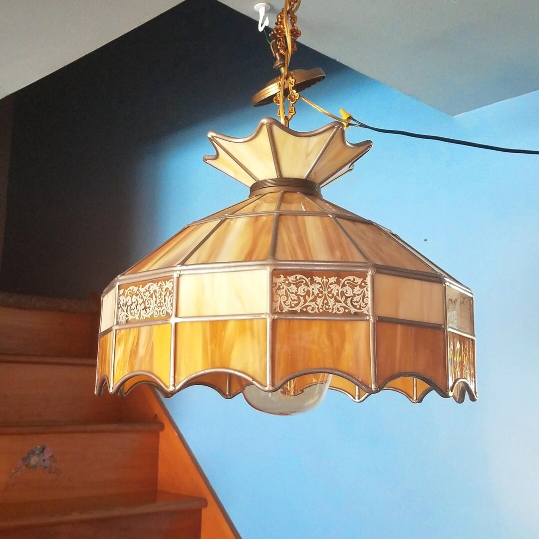 Vintage 70's Leaded Slag Glass Ceiling Swag Light, Rewired! Caramel and ...