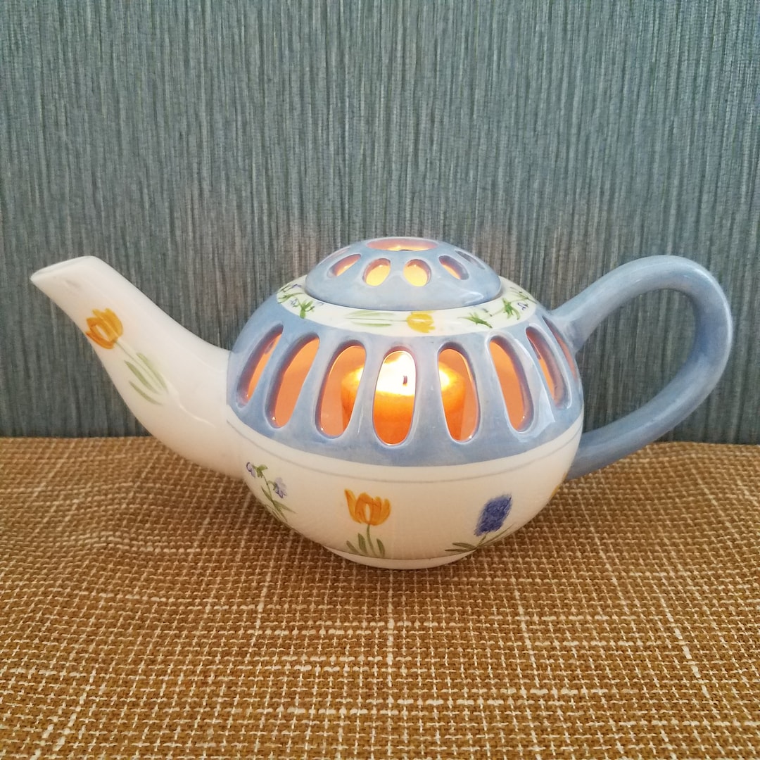 Whimsical Teapot Candle Holder With Spring Flowers, Teapot Votive ...
