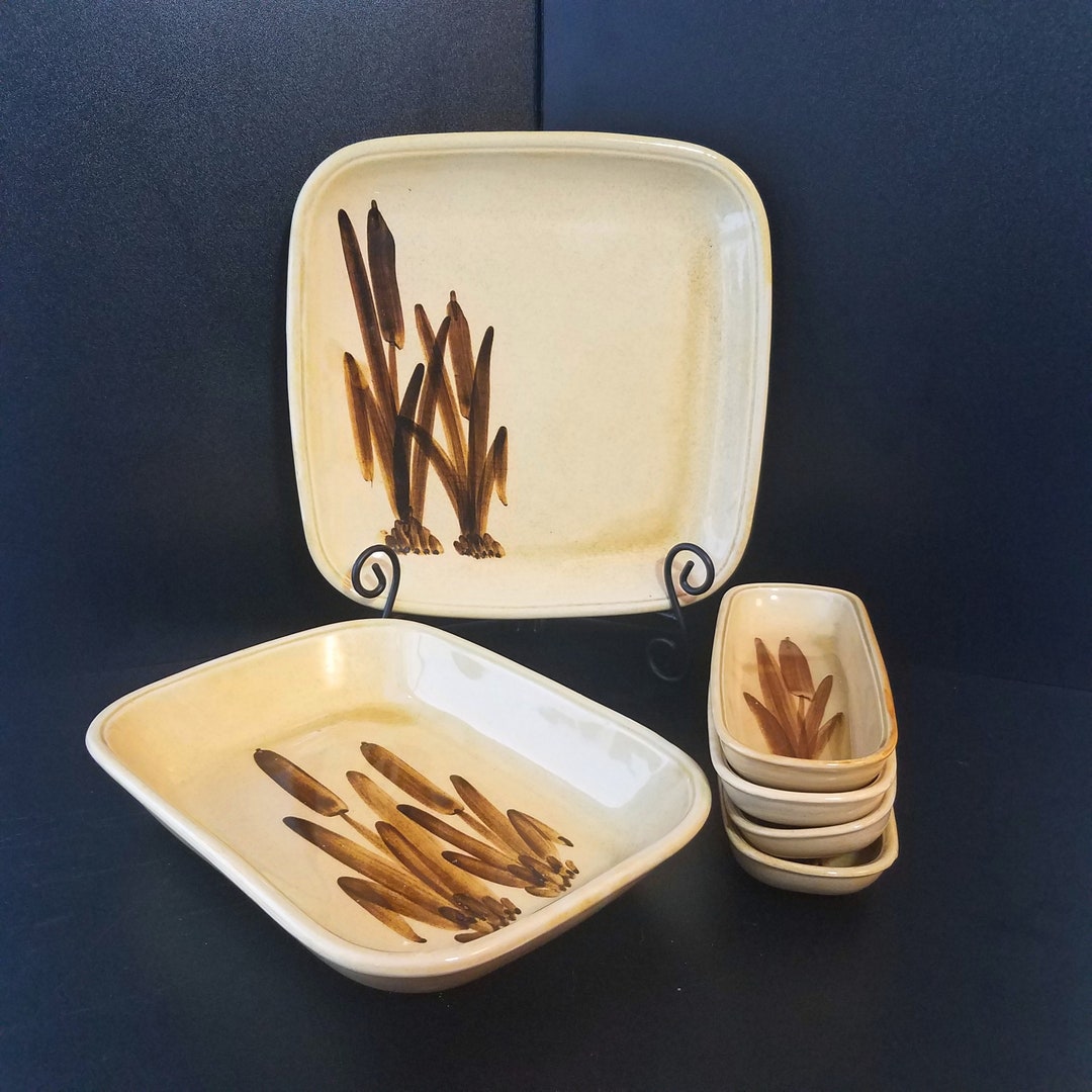 Set of 6 Corn on the Cob Dishes, 1970's Hand Painted Cattail Stoneware ...