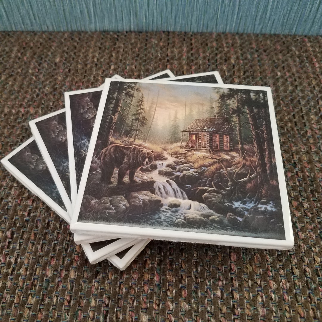 Rustic Tile Coasters With Bear, Stream and Log Cabin, Lodge Coaster Set ...