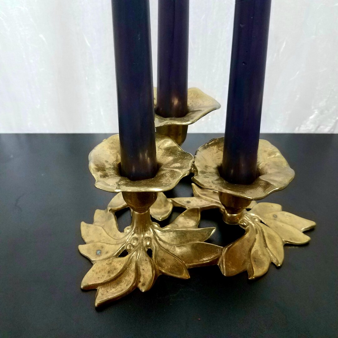 Vintage Art Nouveau Lily Brass Flower Candlesticks, Trio Brass Floral Cup Candlestick, Trinity ...