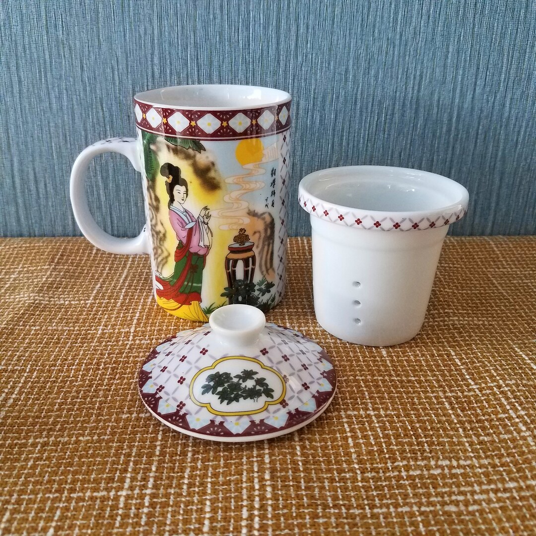 3 Piece Tea Infuser Mug With Lid, Japanese Peony With Gold Gilding, Tea ...