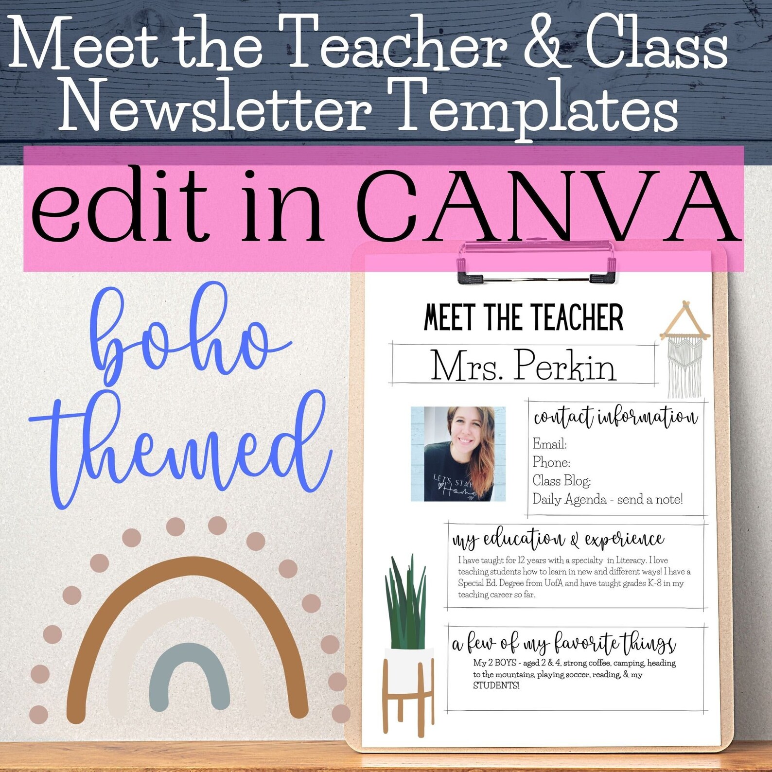 Meet the Teacher Newsletter Templates, EDIT IN CANVA, Boho Rainbow and ...