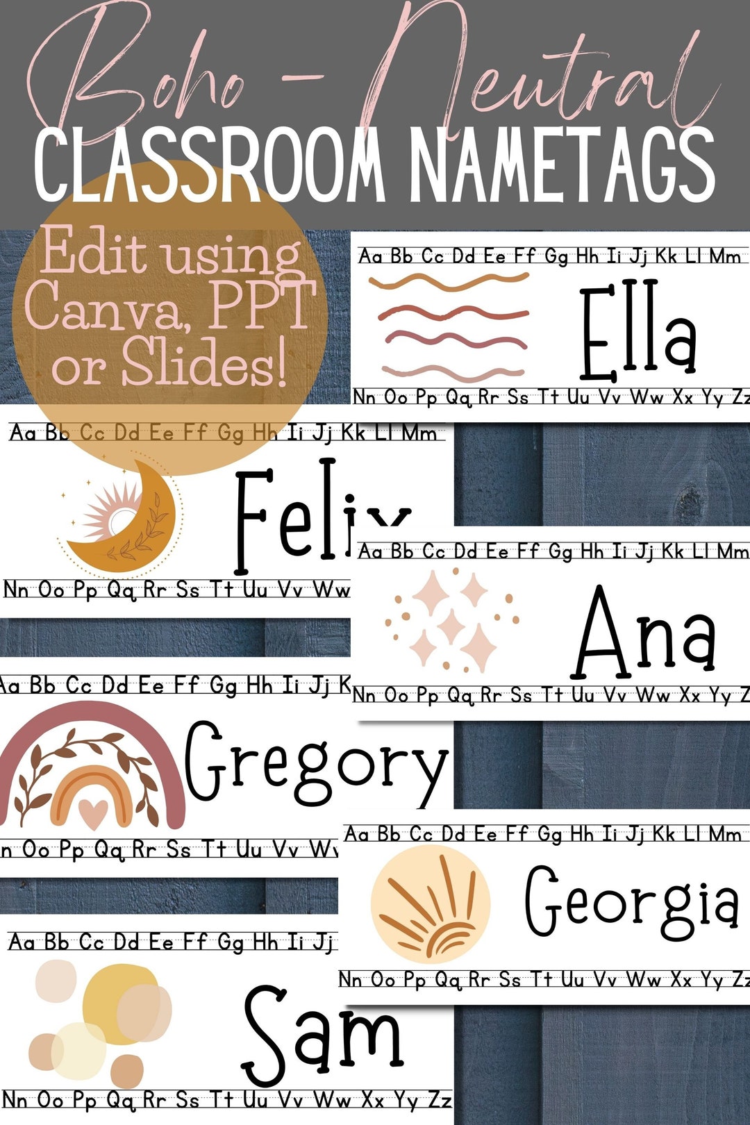 Boho, Neutral Student Nametags, Alphabet Desk Plate, Classroom Name ...