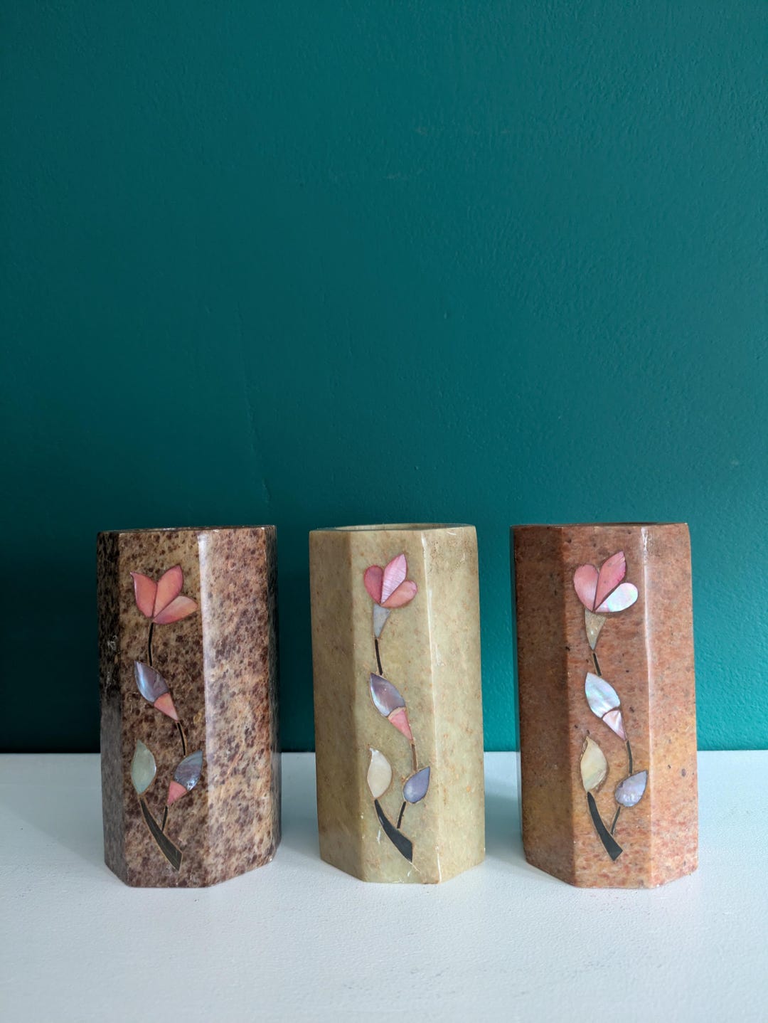 Vintage Marble and Soapstone Bud Vases /pen Holder With Inlaid Mother ...