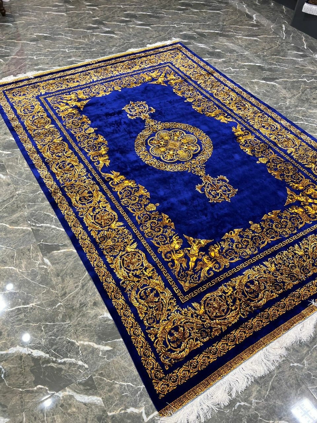 ELEGANT Golden Blue Silk Rug, 100% Pure Silk, Naturally Dyed ...