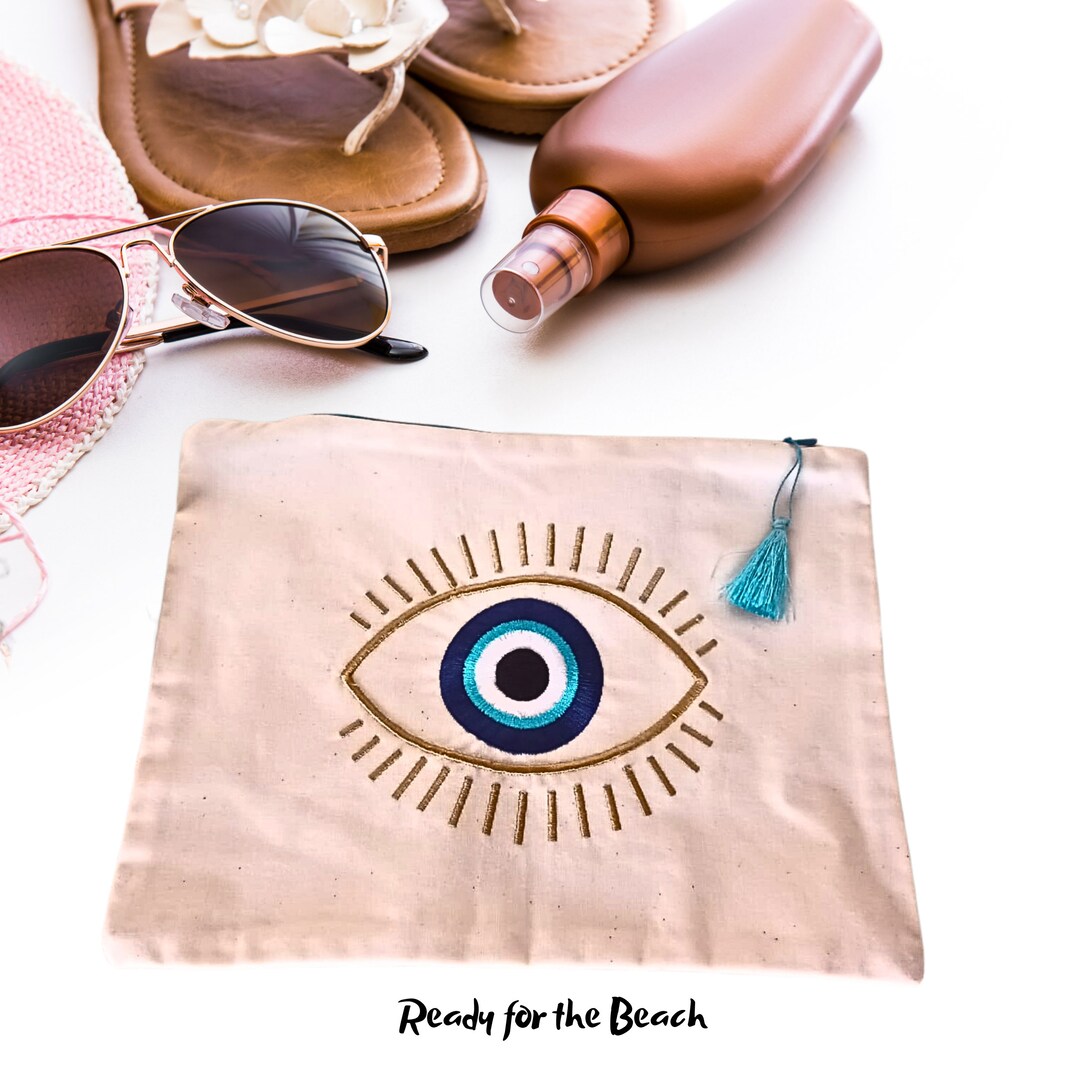 Hand Painted Blue Gold Evil Eye Cosmetic Zip Pouch Bag Small White ...