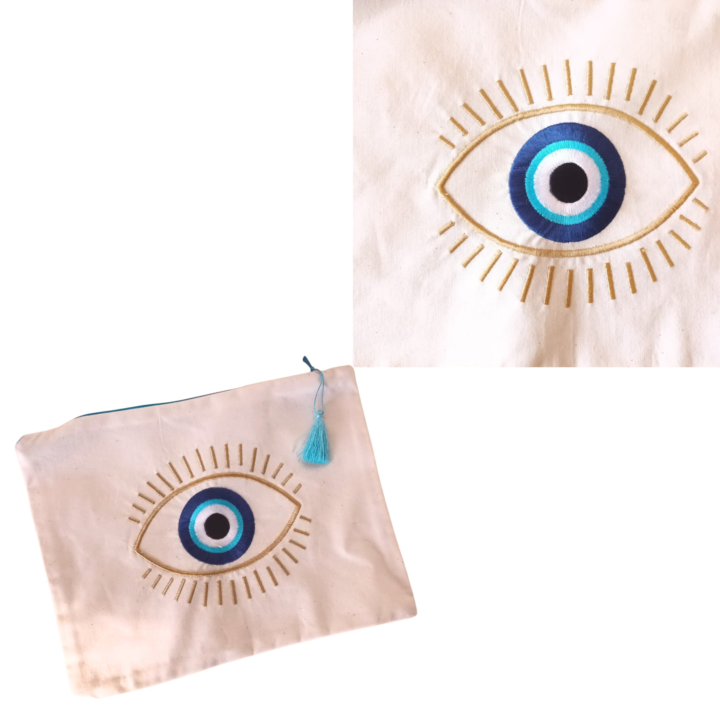 Hand Painted Blue Gold Evil Eye Cosmetic Zip Pouch Bag Small White ...