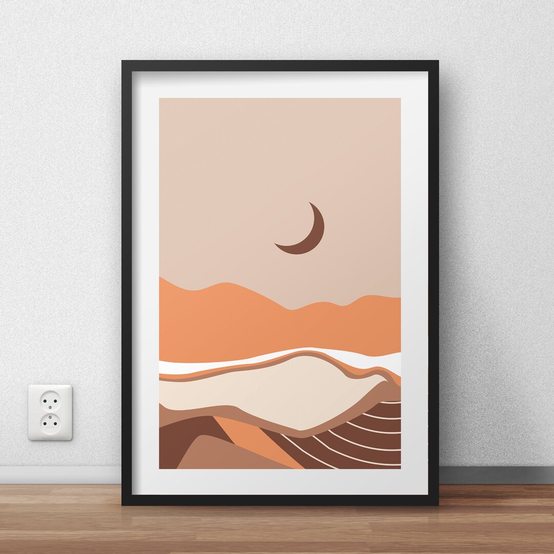 Cresent Moon Landscape Art, Mid Century Moon Art Print, Moon Cycle Art ...