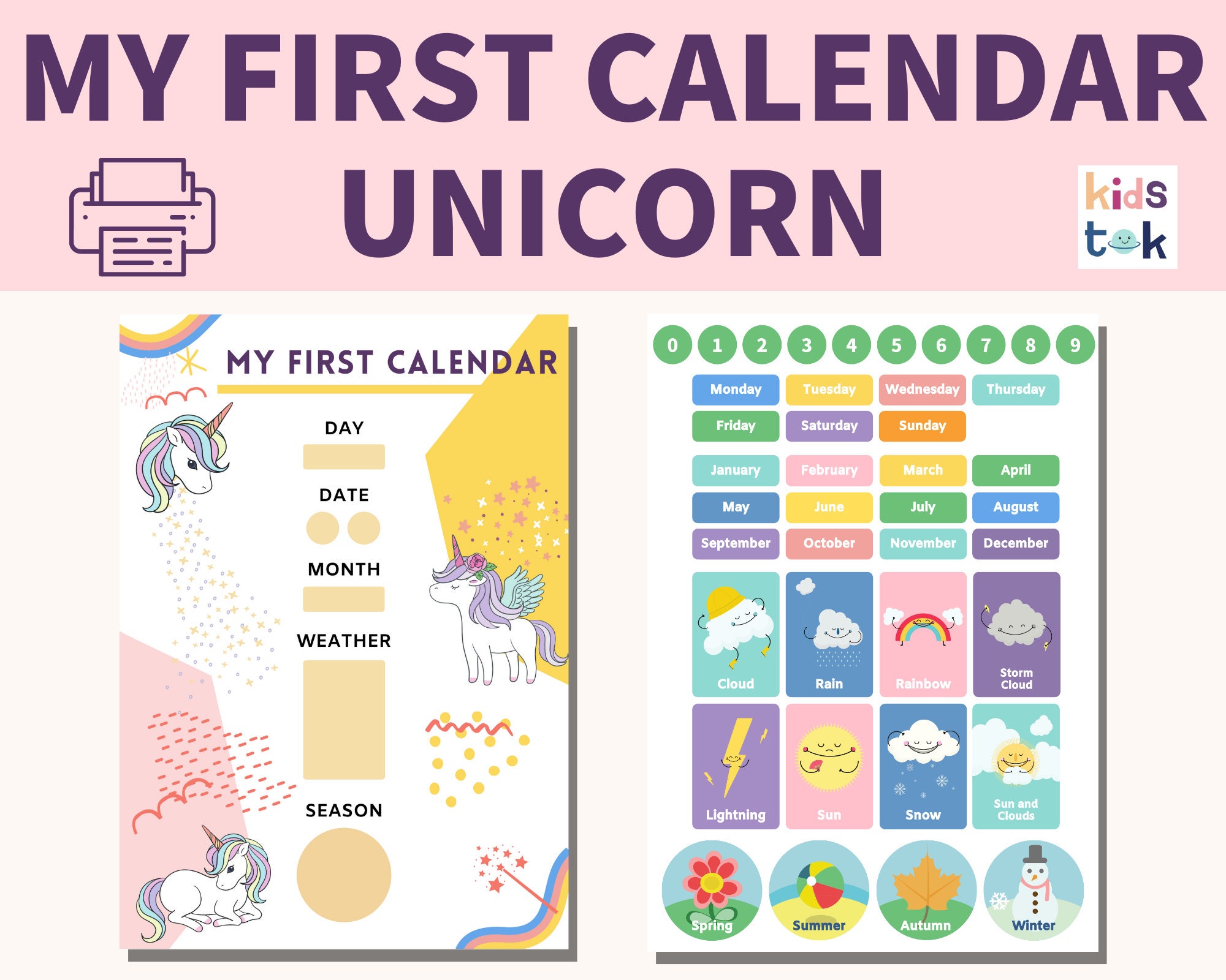 My First Unicorn Calendar, Busy Book Printable, Toddler Quiet Book ...