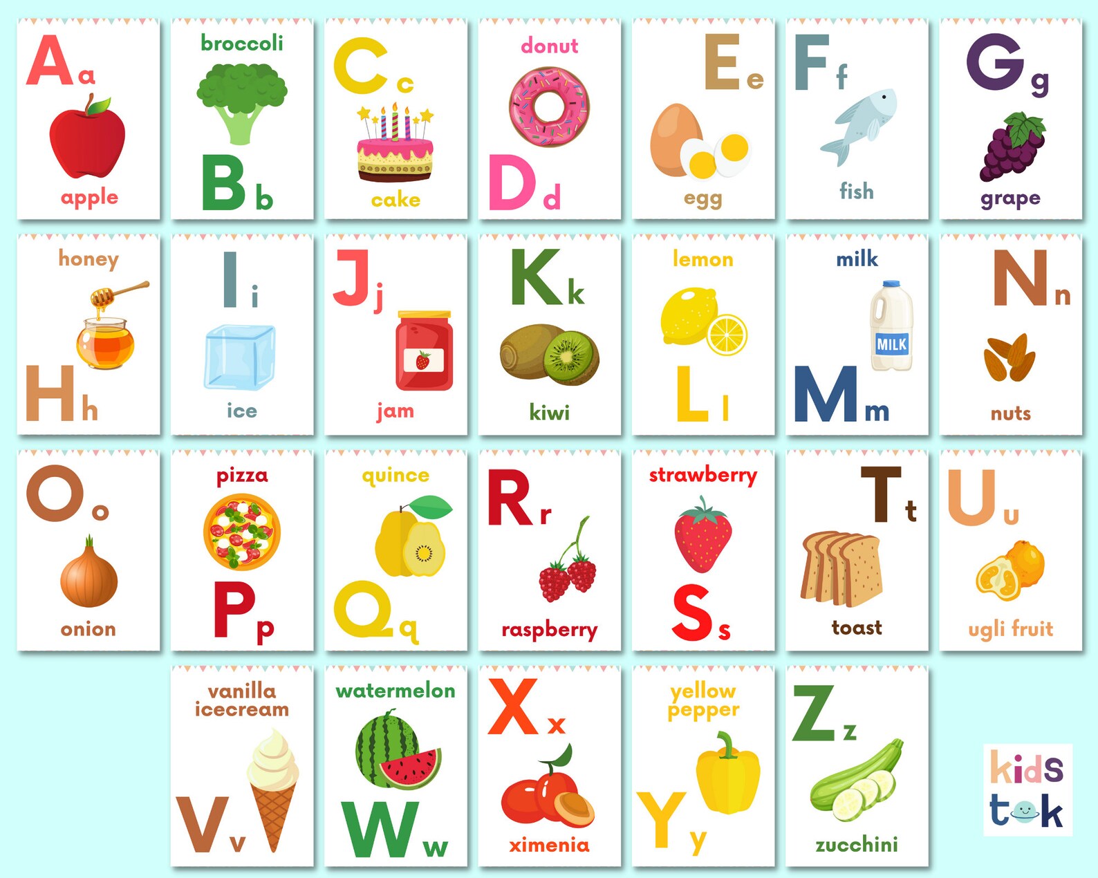 Fruit and Vegetable Alphabet Flash Cards, Food Alphabet Flash Cards ...