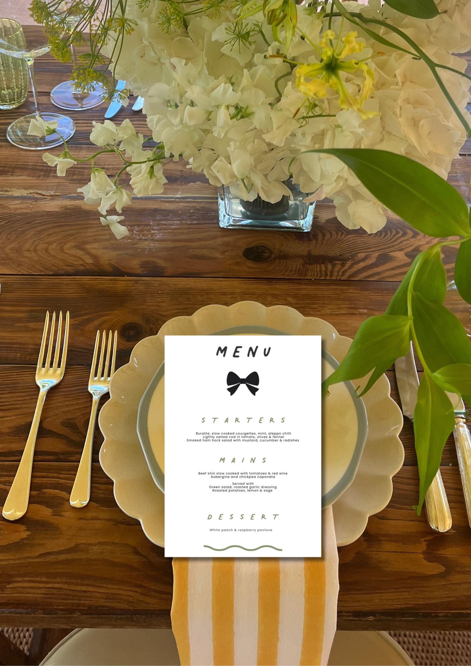 Bow Design & Wave Menu A6 Template, Wedding Menu / Dinner Party ...