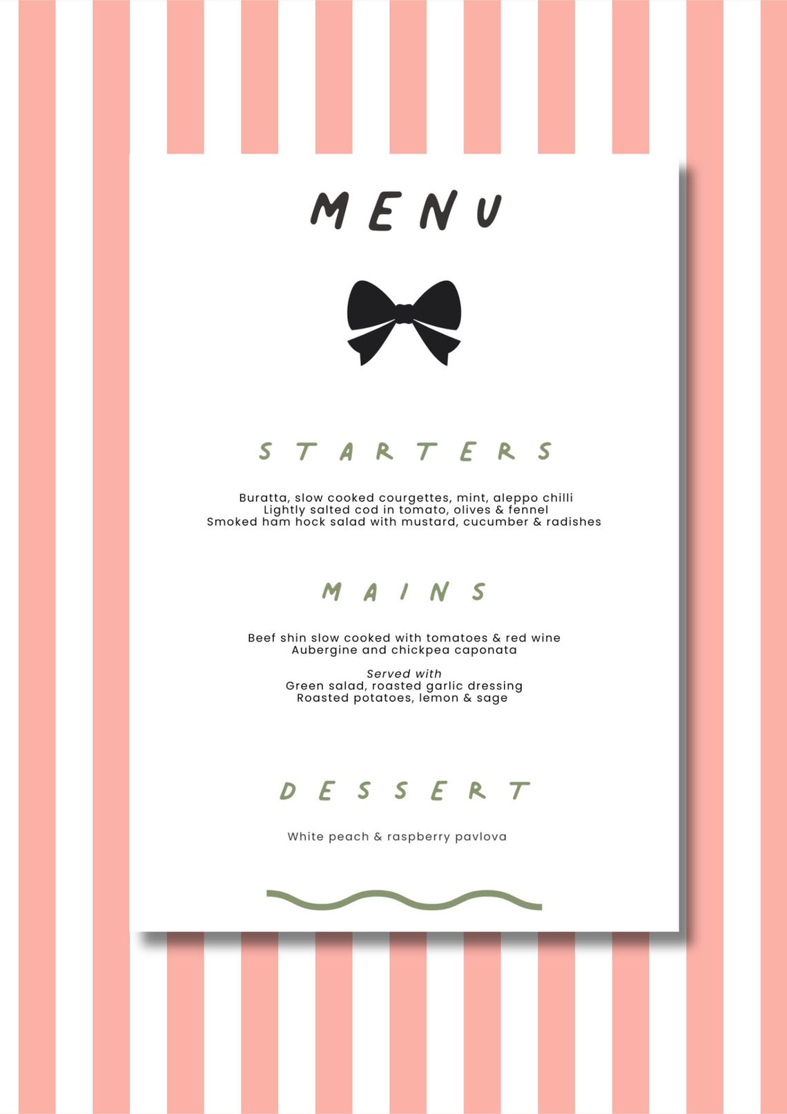 Bow Design & Wave Menu A6 Template, Wedding Menu / Dinner Party ...