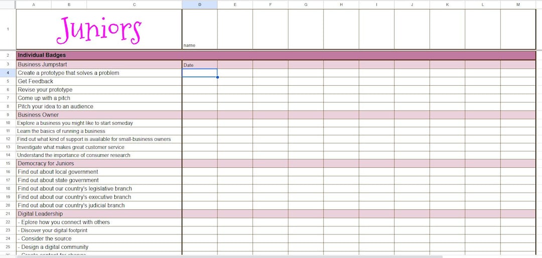 Junior Badge Tracking Excel - Etsy