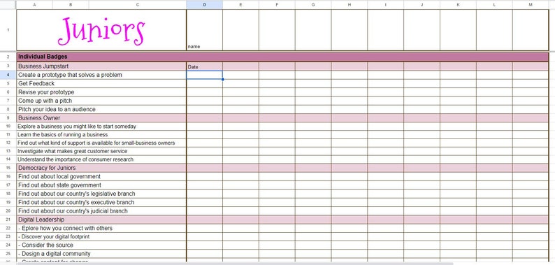Junior Badge Tracking Excel - Etsy