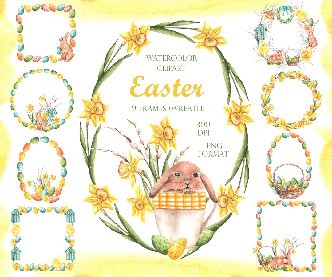 Easter Watercolor Clipart. Easter Wreath, Frame, Border. Happy Easter ...