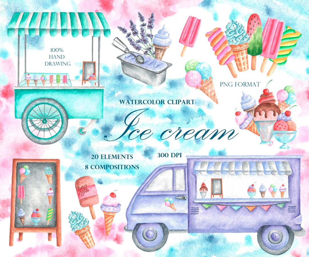 Ice Cream Watercolor Clipart. Ice Cream Cone. Ice Lolly. - Etsy