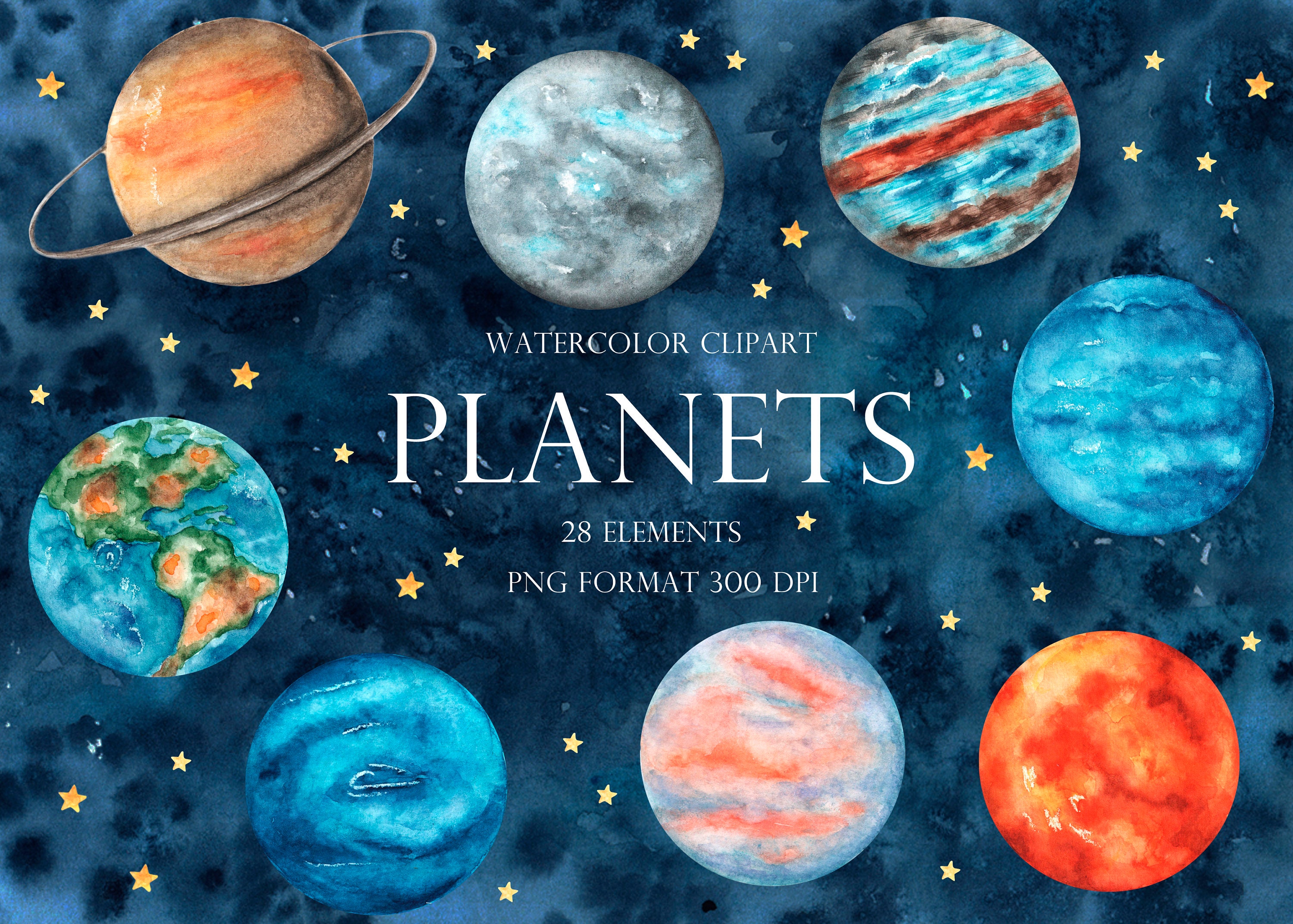 star galaxy Space watercolor digital paper Venus sun Planet JPEG file ...
