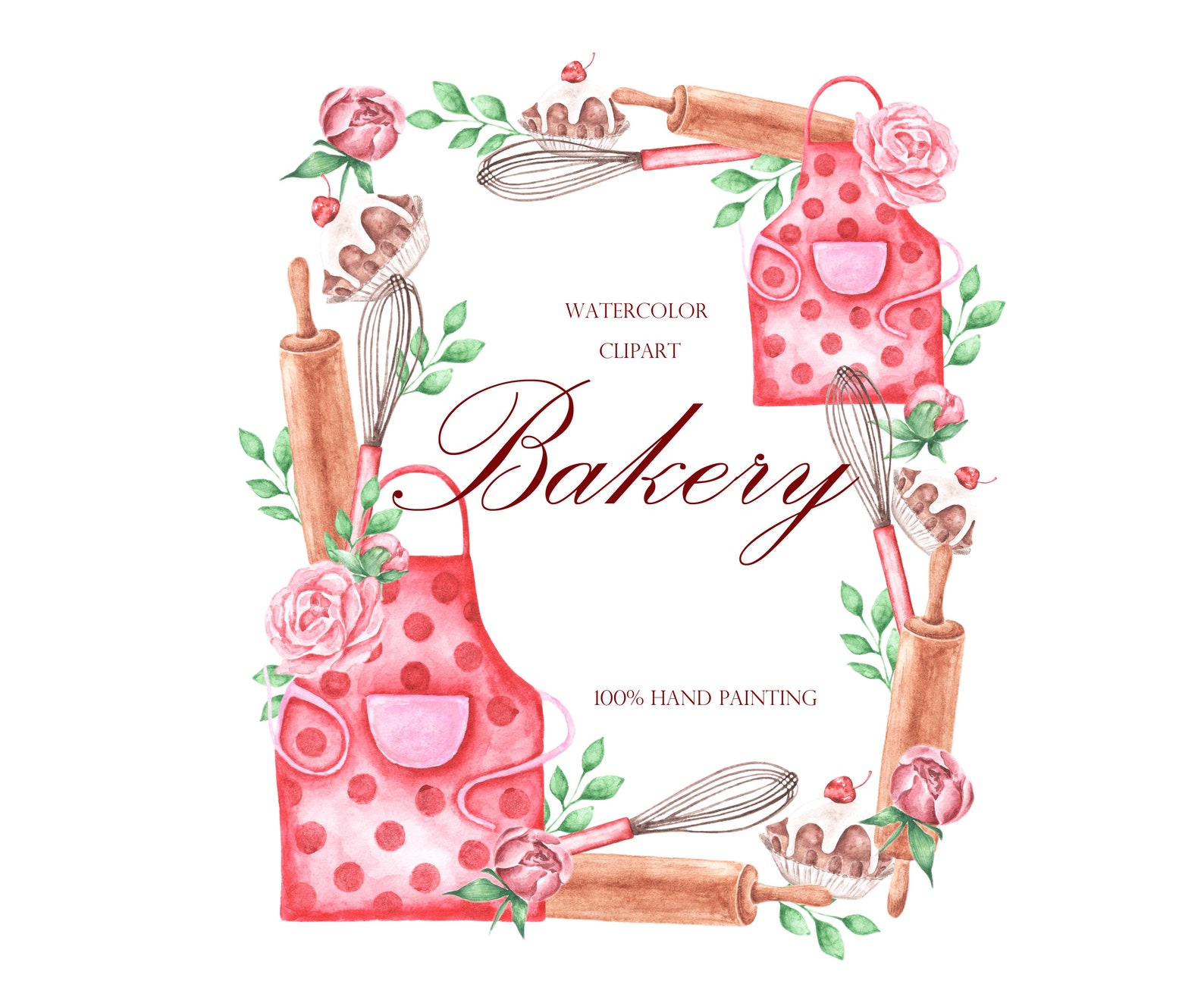 Baking Watercolor Clipart. Bakery Frame, Border, Logo. Cookbook ...