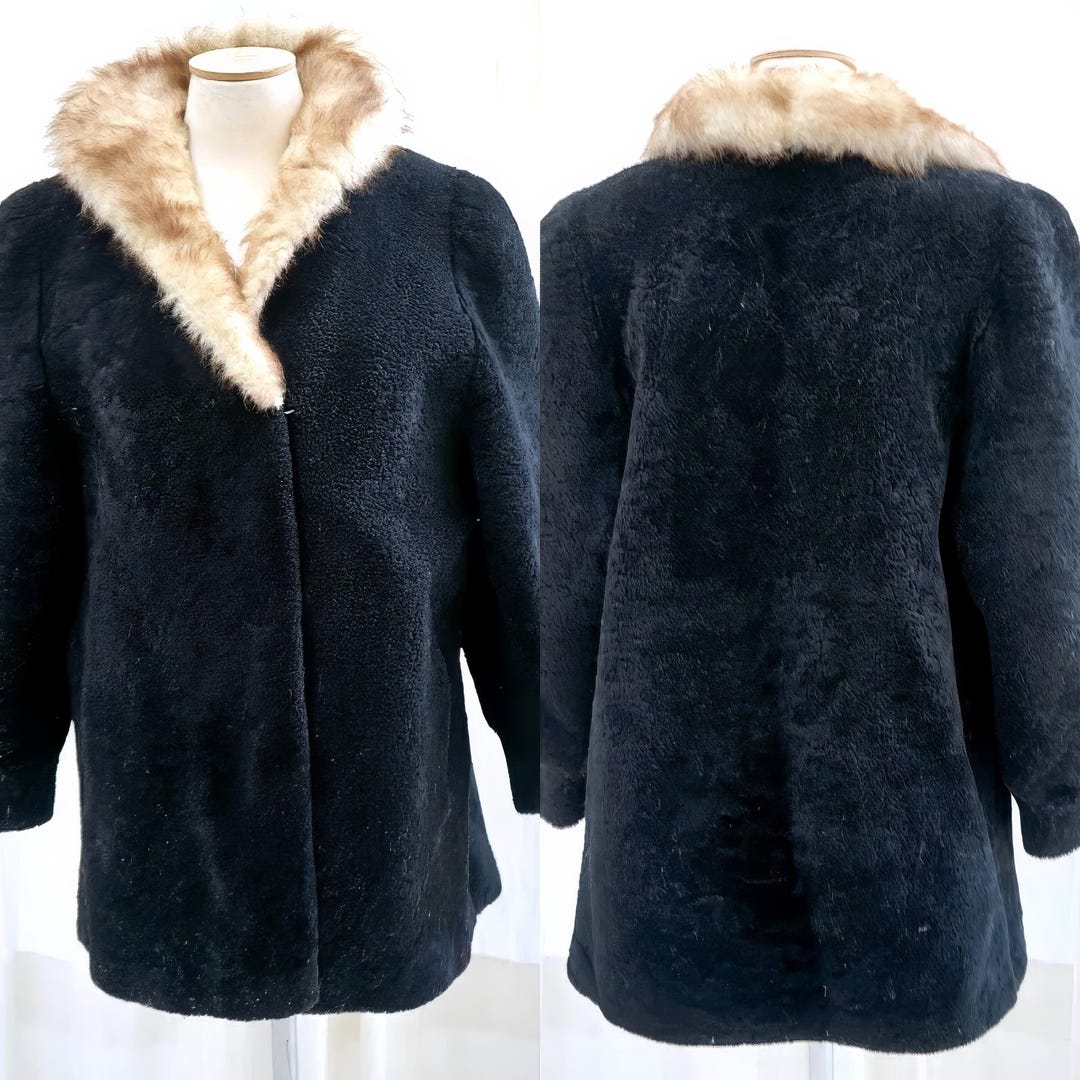 Genuine Astrakhan Fur Coat in Black Color With Real Fur Collar Persian ...