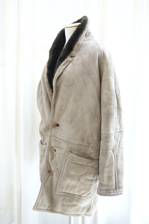 Vintage shearling coat, gray sheepskin jacket, oversi… - Gem