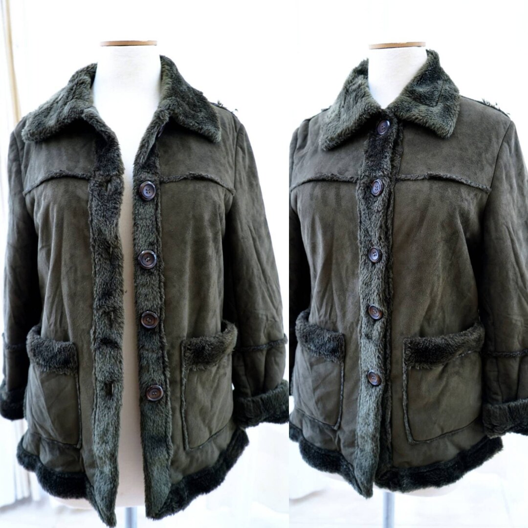 Olive Green Vegan Shearling. Vintage Shearling Coat, Shearling Fur Trim ...