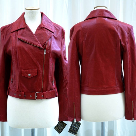 Women's Red Biker Leather Jacket, Perfecto Lambskin L… - Gem