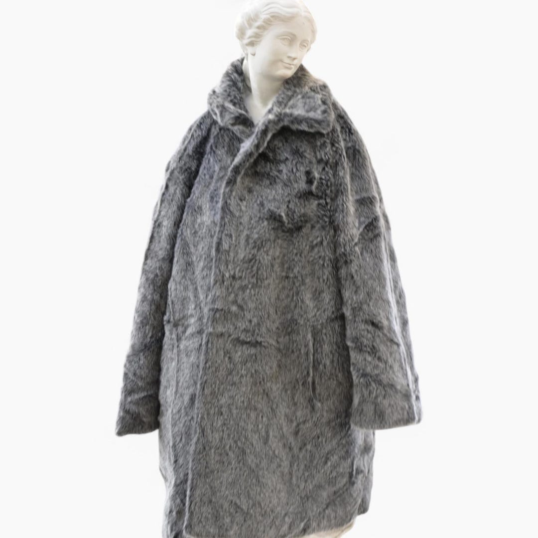 Women's Gray Faux Fur Coat, Vintage Fur Overcoat, Mid Length Fur Jacket ...