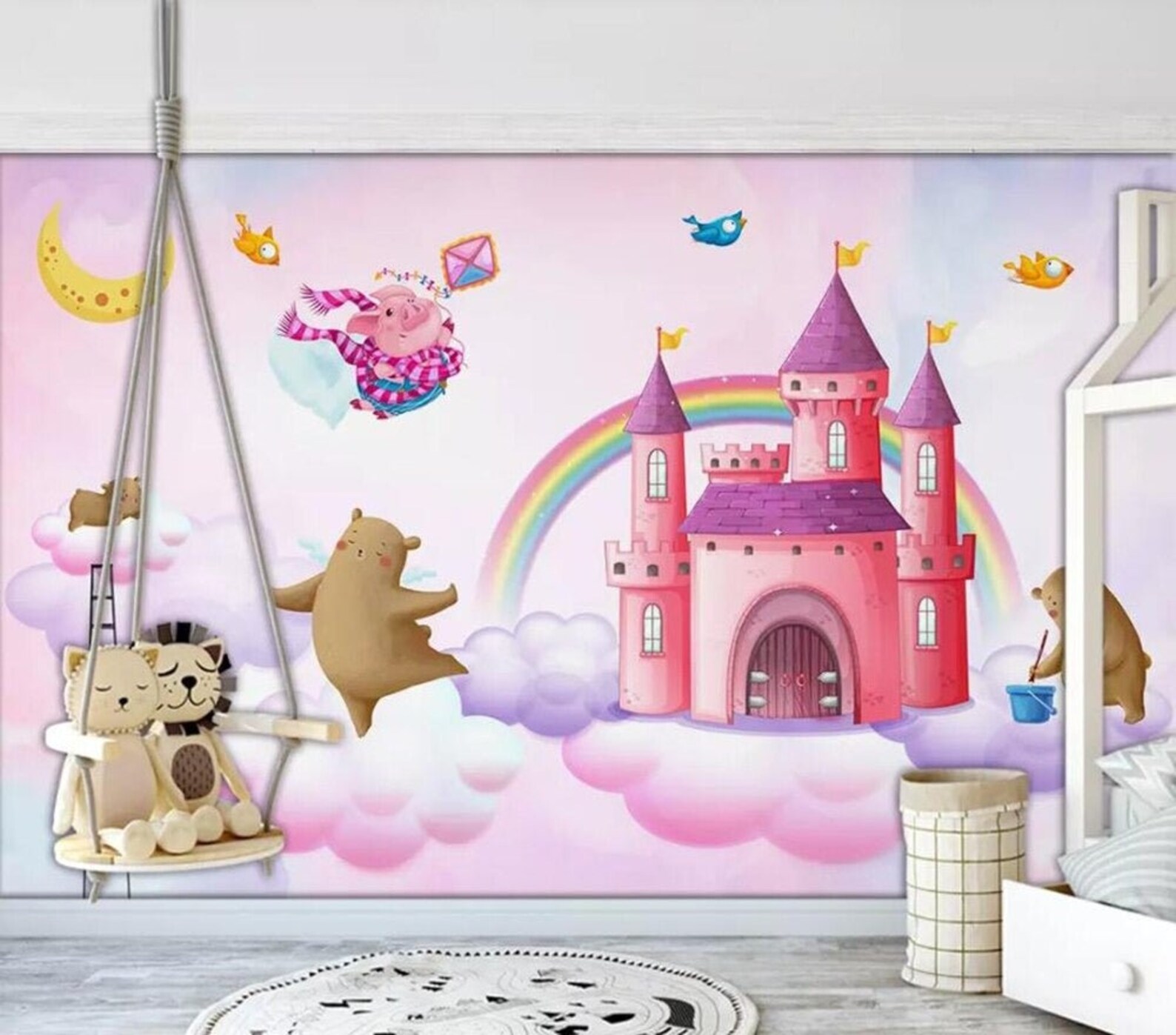 Pink Rainbow Princess Castle Mural Wallpaper Flying Birds | Etsy
