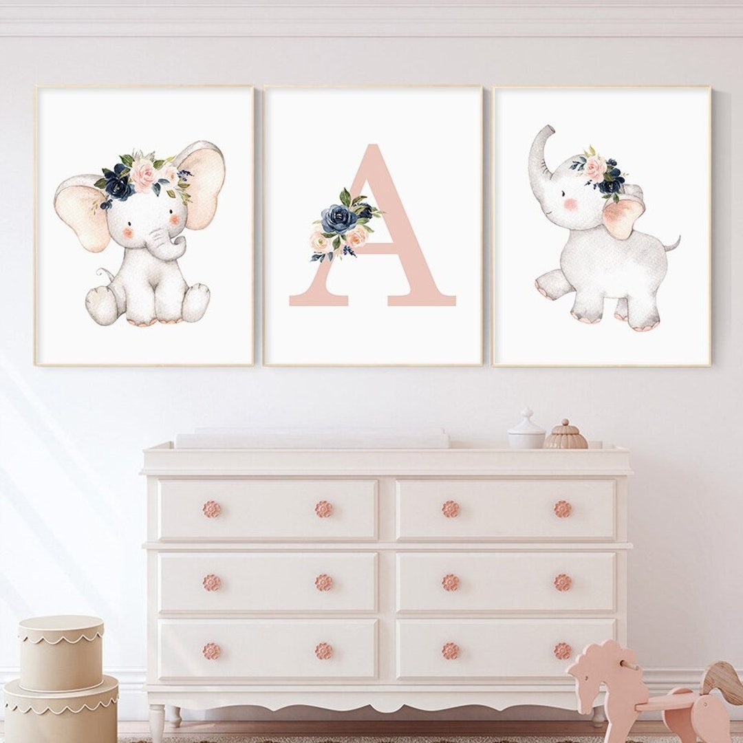 Floral Elephant Nursery Prints Set, Pink and Grey Elephant Nursery ...