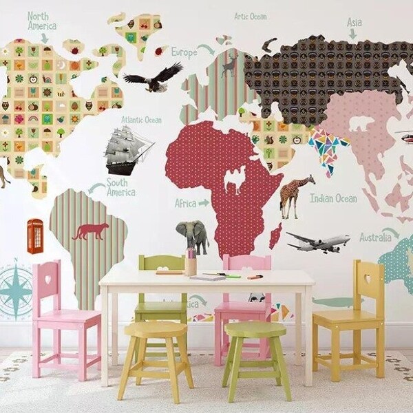 World Map Wallpaper Kids Room - Etsy UK
