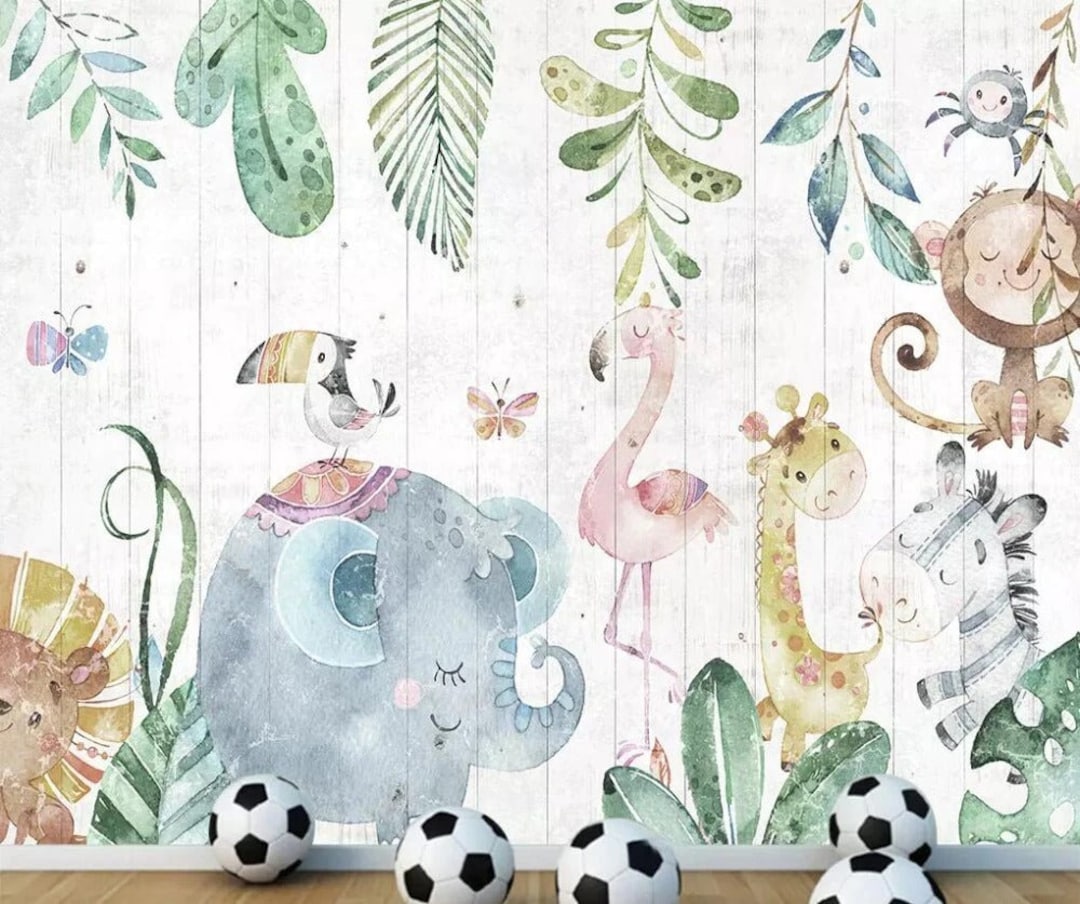 Cute Zoo Animals Mural Wallpaper, Children's Animal Zoo Theme Bedroom ...