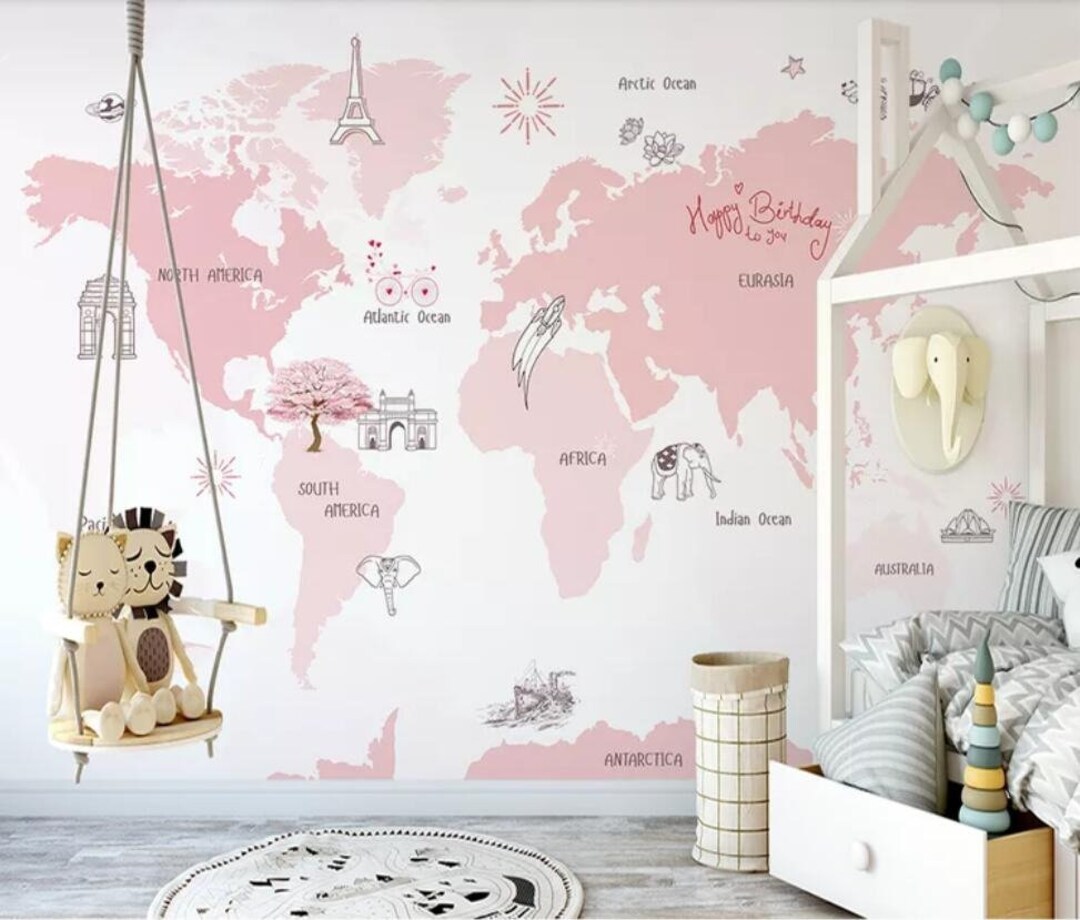 Pink and White World Map Bedroom Mural, Educational Wallpaper, Travel ...