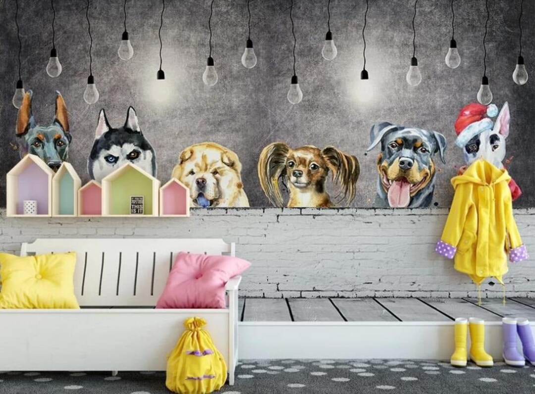 Dogs and Puppy Mural Wallpaper, Doggy Lover Themed Games Room Bedroom ...