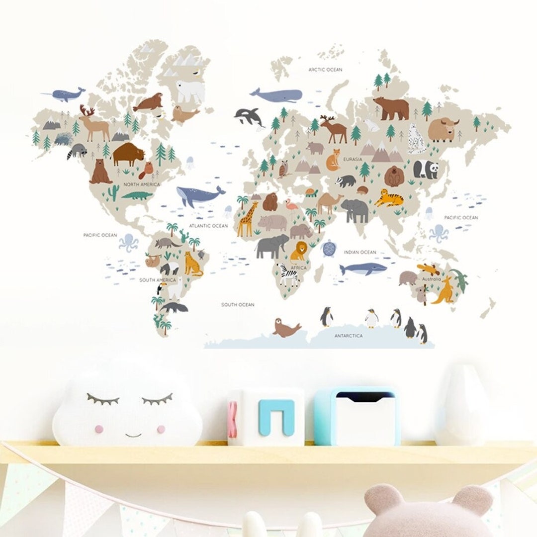 Jungle and Safari World Map for Kids, Nursery World Map Wall Decor ...