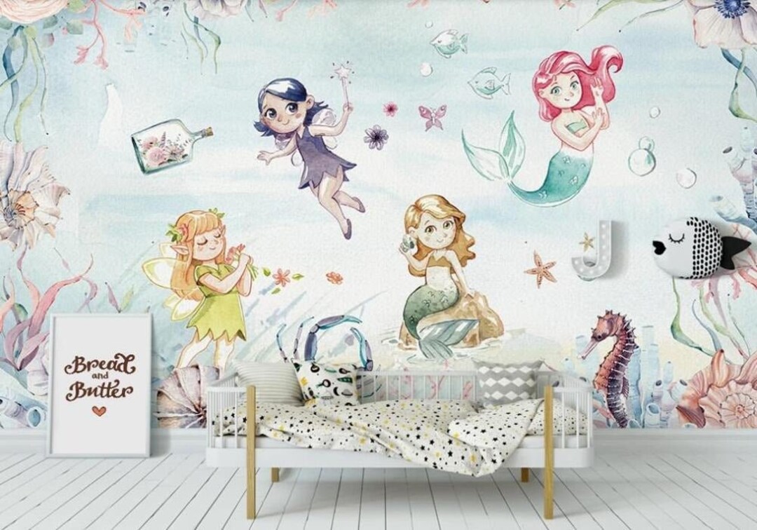 Girls' Mermaid Wallpaper, Seaworld Mural, Seahorse Room Decor, Magical ...