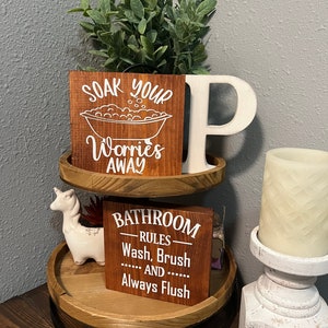 Bathroom Sign, Mini Wood Signs, 5x5, Small Block Signs, Mini Desk Signs ...
