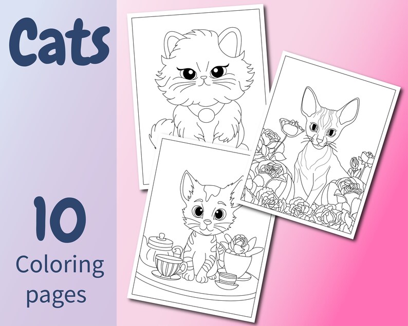 Cats Cute Coloring Pages for Children, 10 Coloring Cat Pages Digital ...