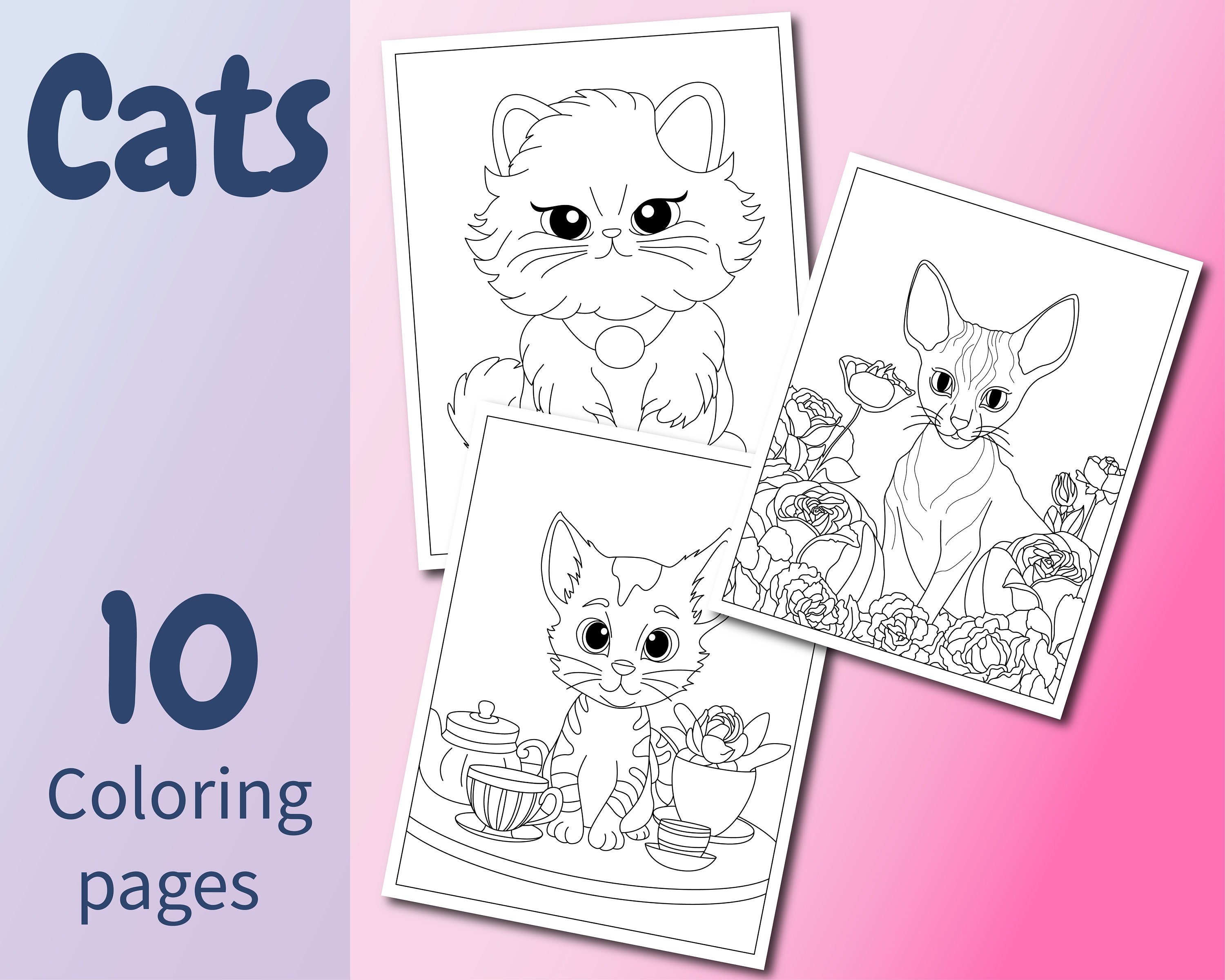Cats Cute Coloring Pages for Children, 10 Coloring Cat Pages Digital ...