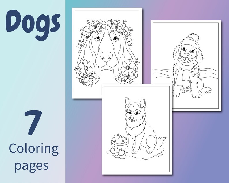 Dogs Cute Coloring Pages for Children 7 Coloring Dog Pages - Etsy