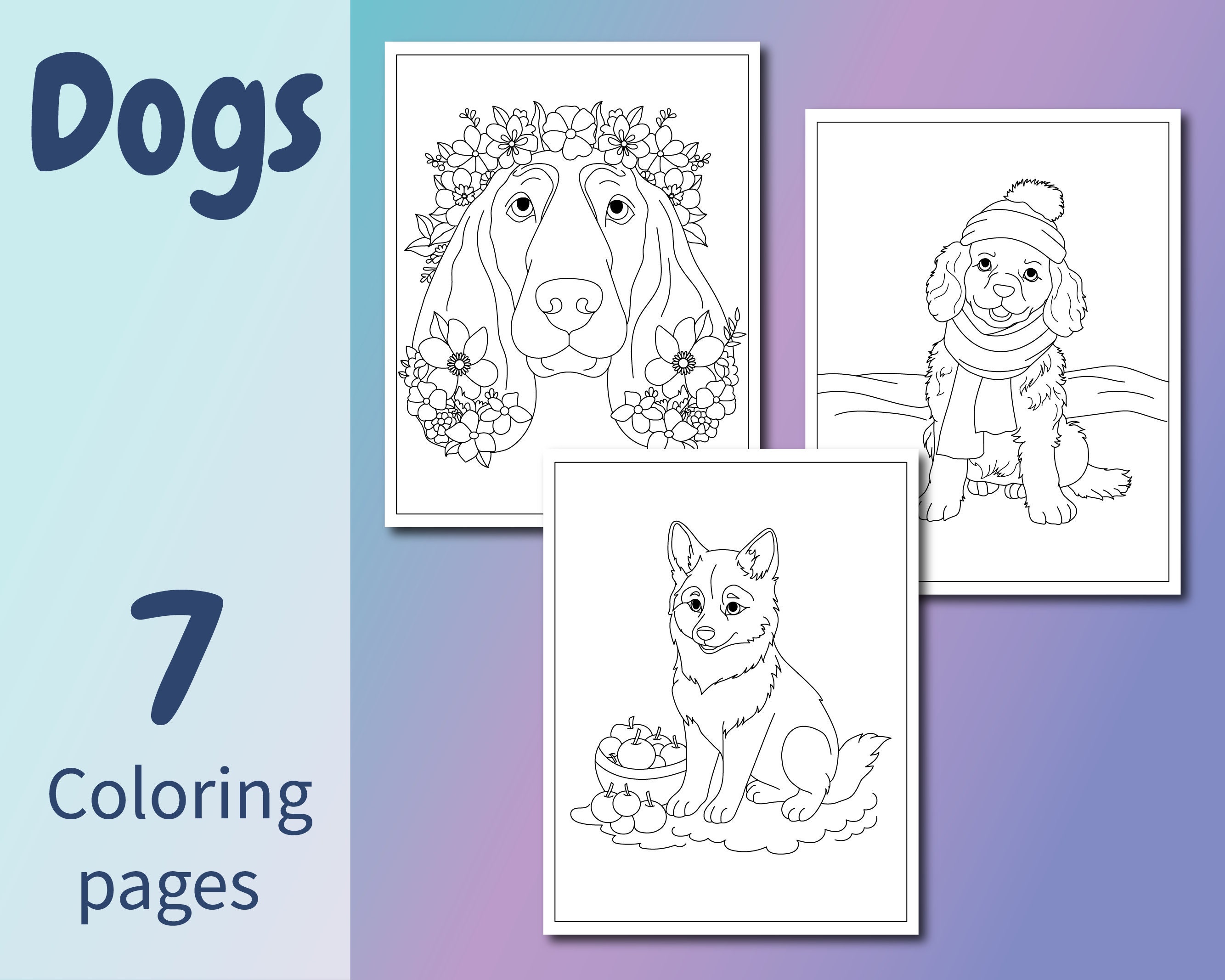 Dogs Cute Coloring Pages for Children, 7 Coloring Dog Pages Digital ...
