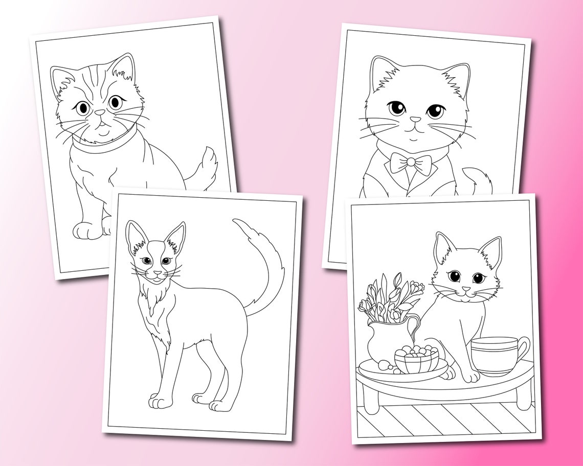 Cats Cute Coloring Pages for Children, 10 Coloring Cat Pages Digital ...