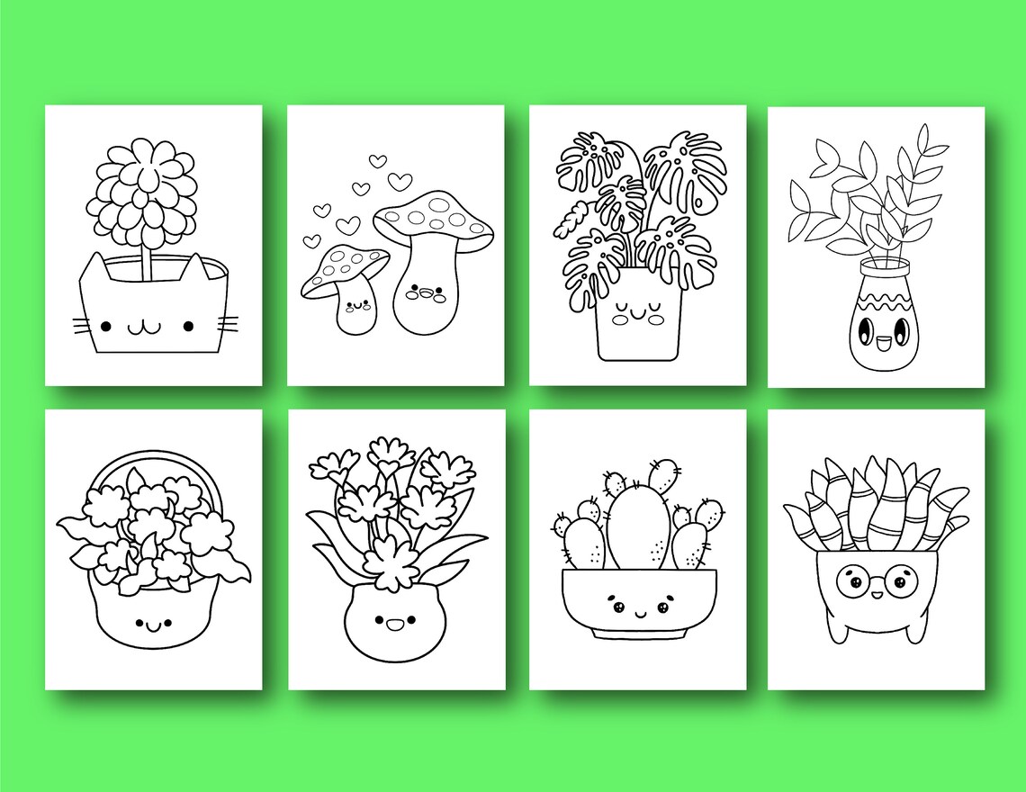 Kids Coloring Book: Cute Kawaii Plants Coloring Pages 20 - Etsy