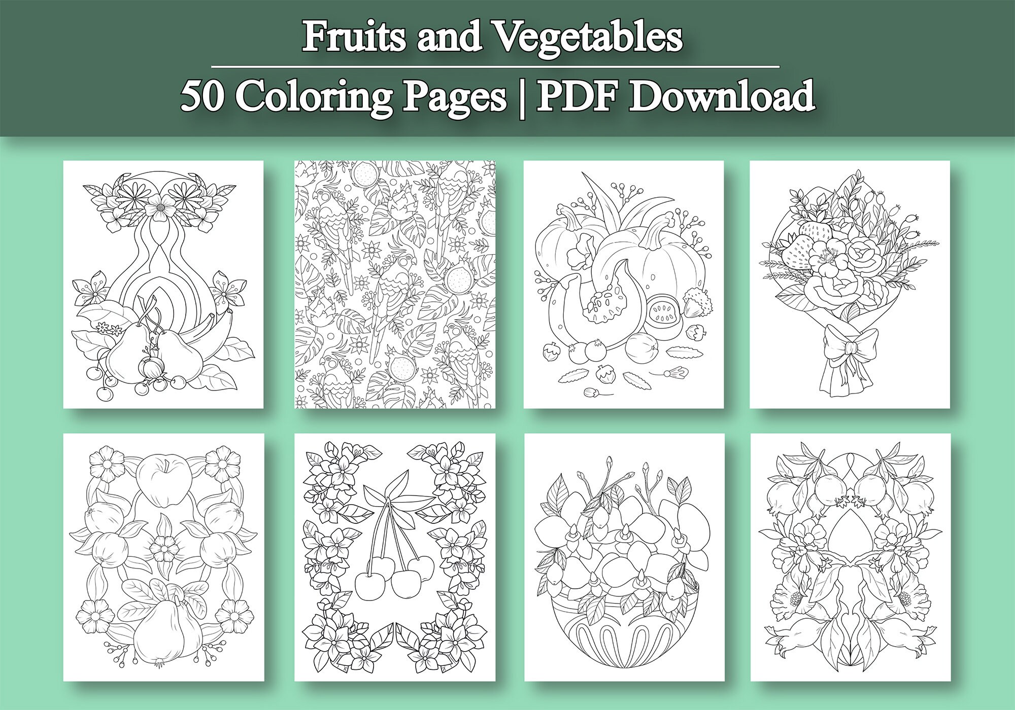 Adult Coloring Book: Fruits and Vegetables Coloring Pages for - Etsy