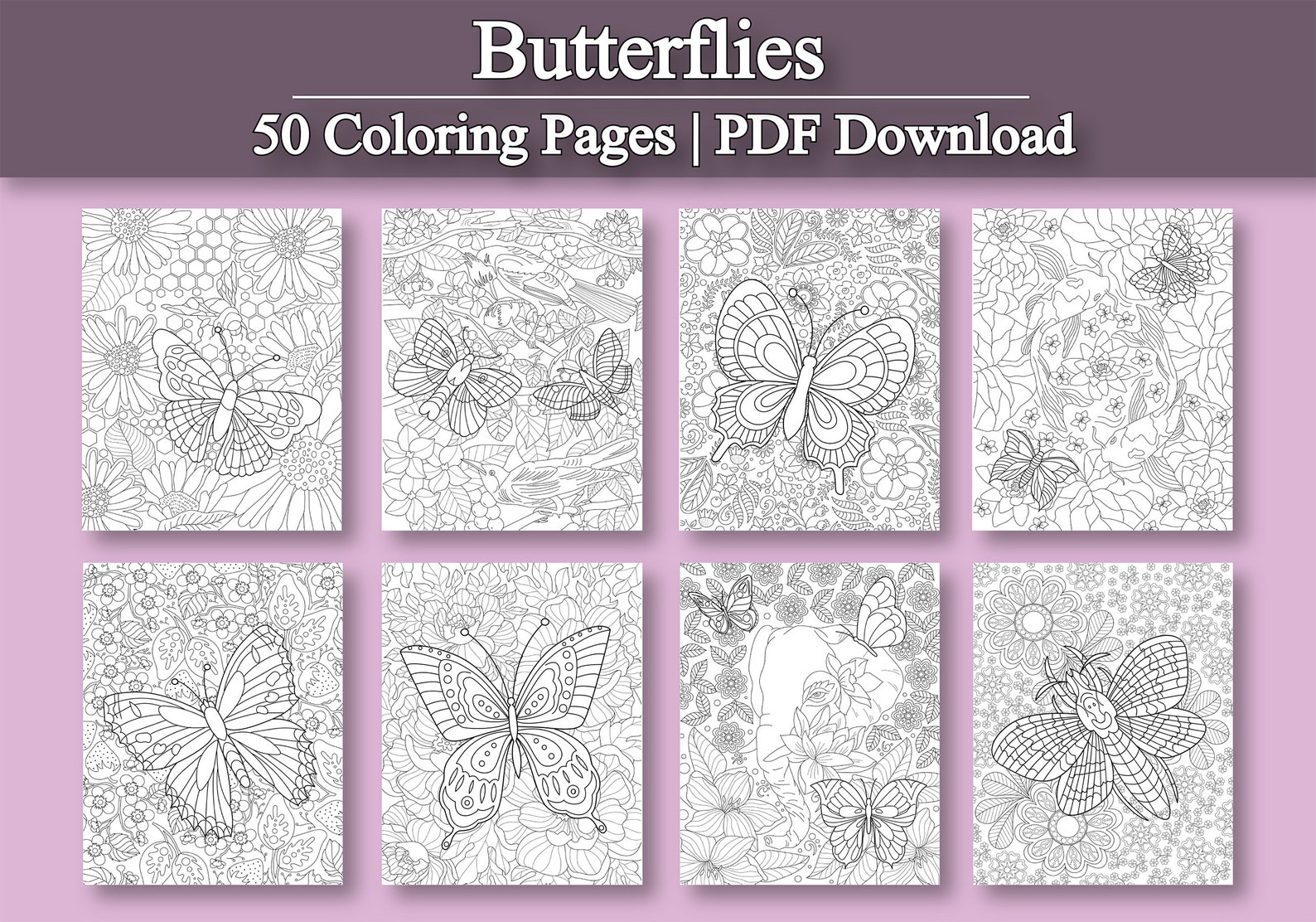 Adult Coloring Book: Butterfly Coloring Pages | 50 Digital Coloring ...