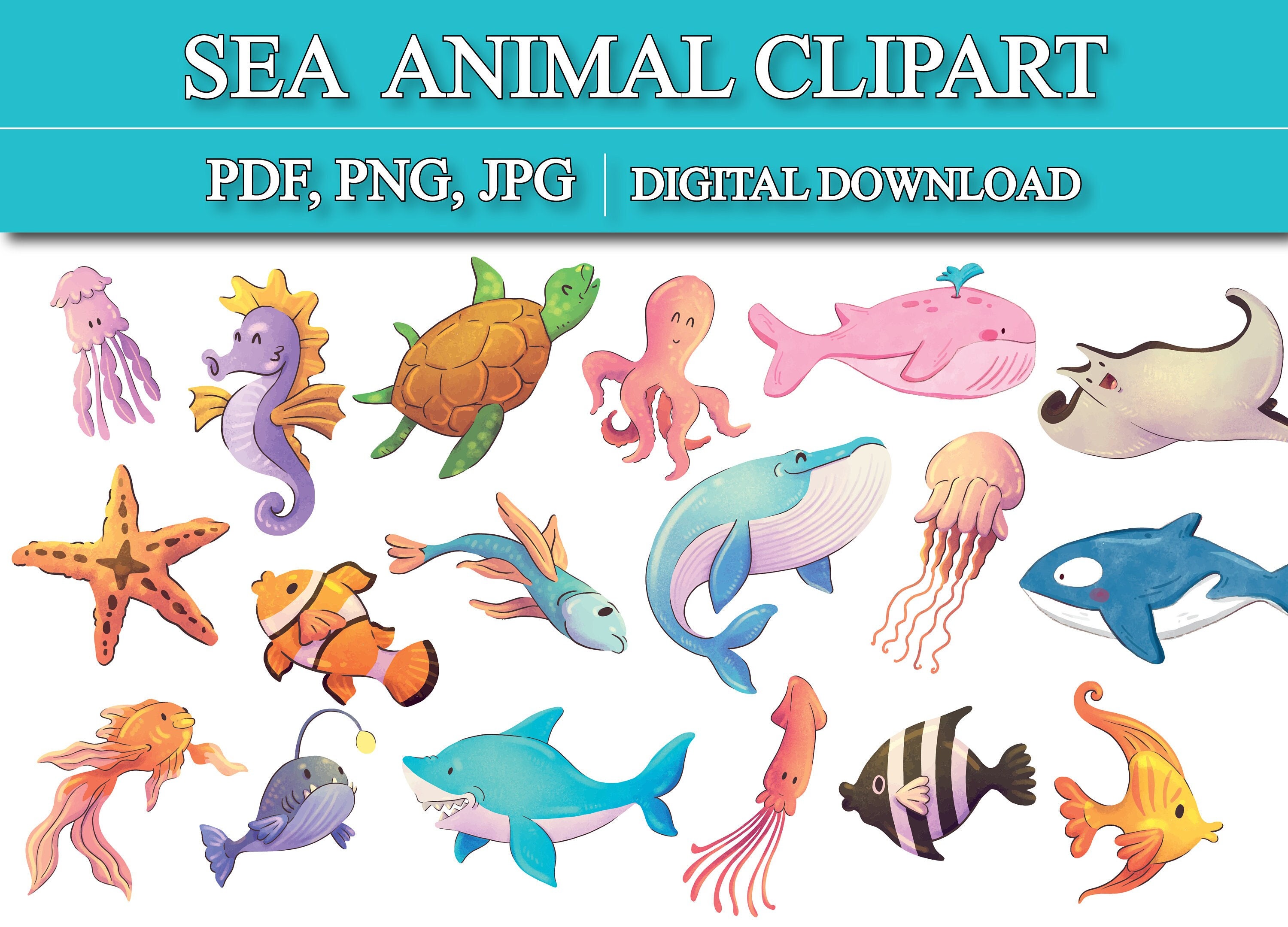 Watercolor Sea Animal Clipart, Undersea Watercolor Clipart, Ocean ...