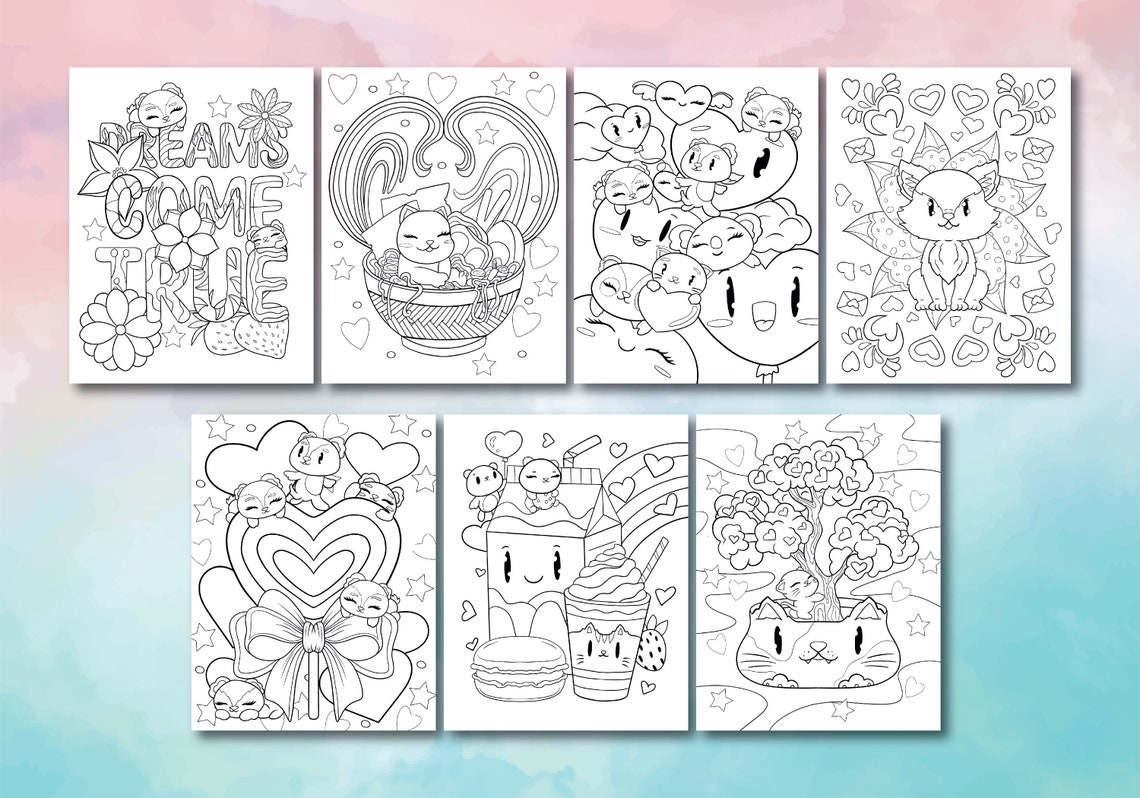 Kawaii Cat Coloring Pages Adorable Cat Coloring Cute Cat - Etsy