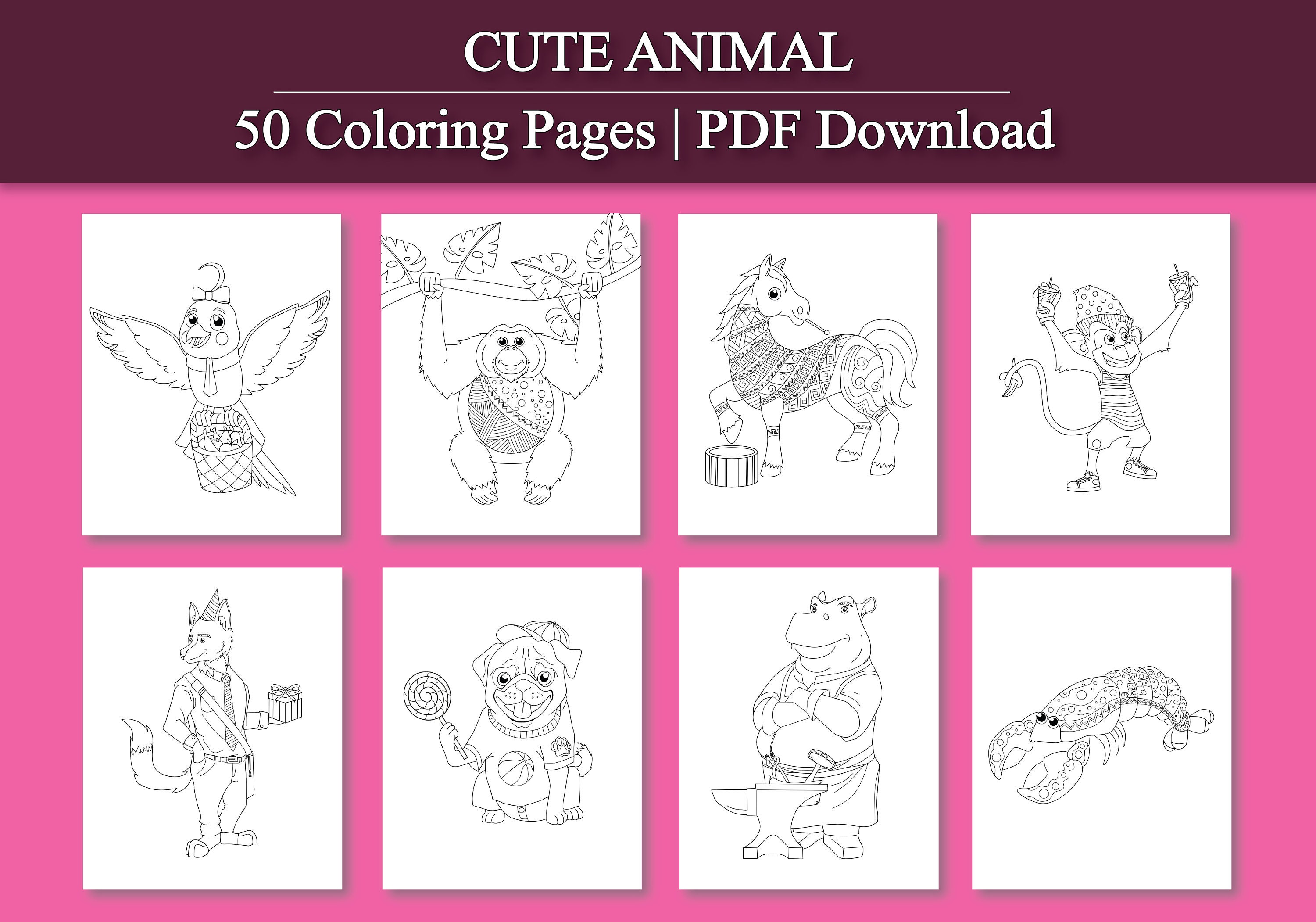 Kids Coloring Book: Cute Animal Coloring Pages 50 Digital Coloring ...